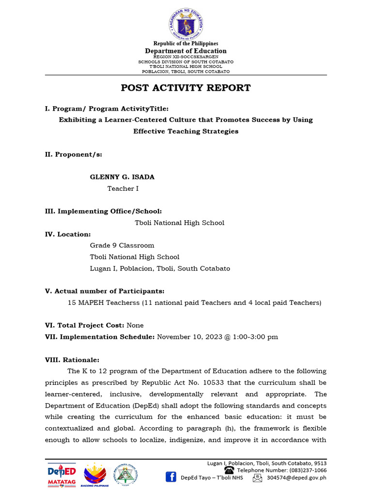 Post Activity Report - Student Centered | PDF | Learning | Teachers