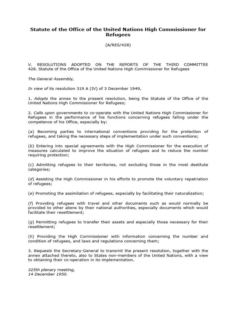 UNHCR Statute Overview and Functions | PDF | Refugee | United Nations ...