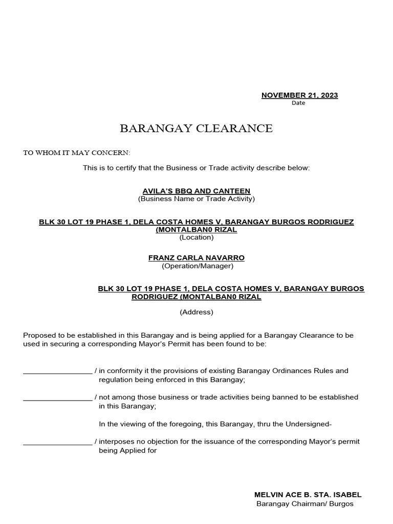 Barangay Clearance Format | PDF