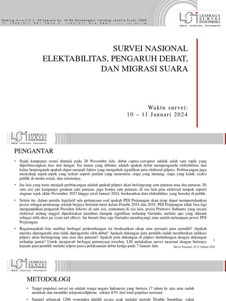 Rilis-Survei-Nasional - Lsi - 20 Januari 2024 | PDF Rilis-Survei-Nasional - Lsi - 20 Januari 2024 | PDF
