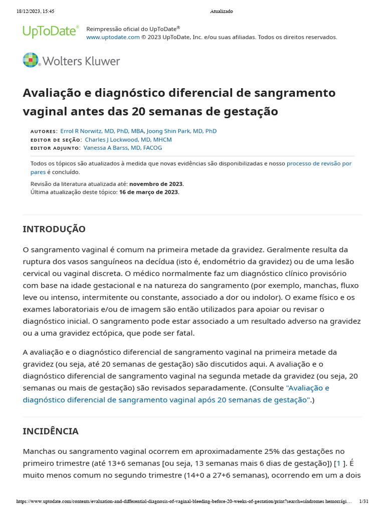 Sangramento Vaginal Antes de 20 Semanas. Uptodate 2023. | PDF ...