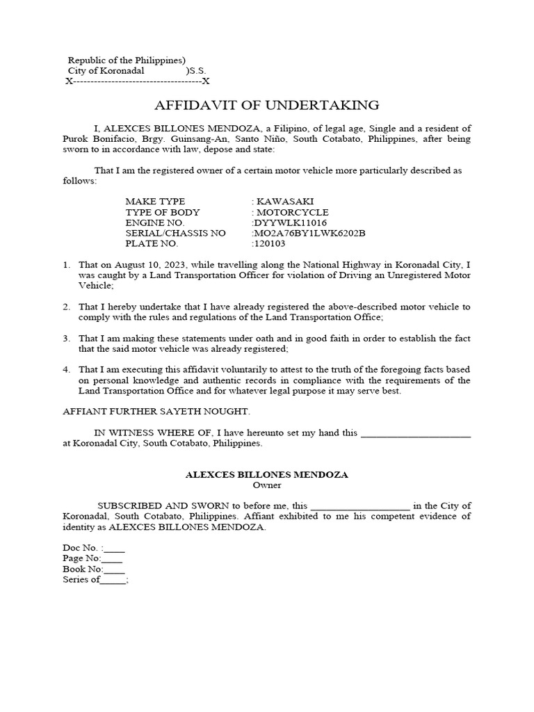 Affidavit of UNDERTAKING LTO | PDF Affidavit of UNDERTAKING LTO | PDF