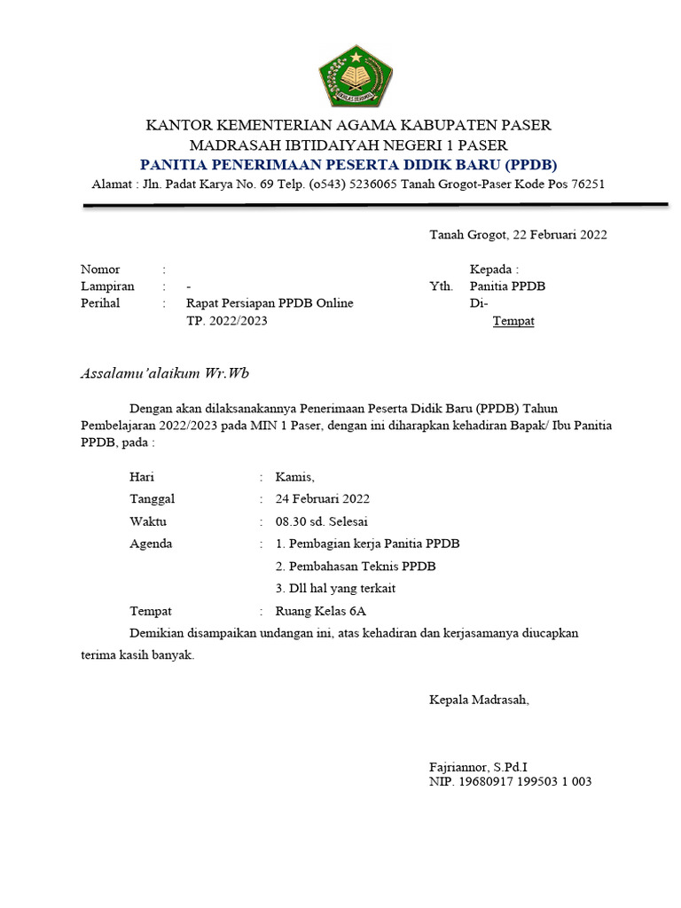 Undangan Rapat Panitia PPDB | PDF