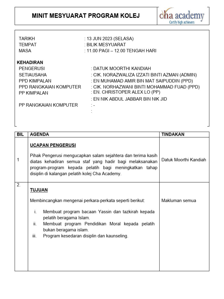 Template Contoh Minit Mesyuarat Program Kolej | PDF