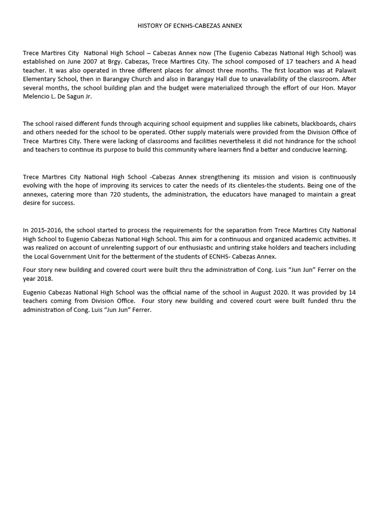 TMCNHS Cabezas Annex History of The School | PDF