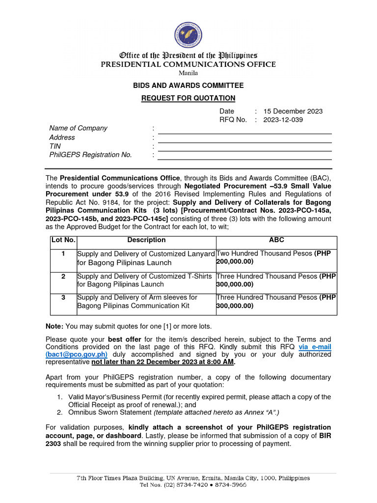 RFQ 2023-12-039 Supply and Delivery of Bagong Pilipinas Communications Kit | PDF | Taxes | Affidavit