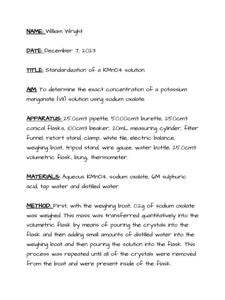 KMnO4 Solution Standardization Method | PDF | Titration | Chemistry