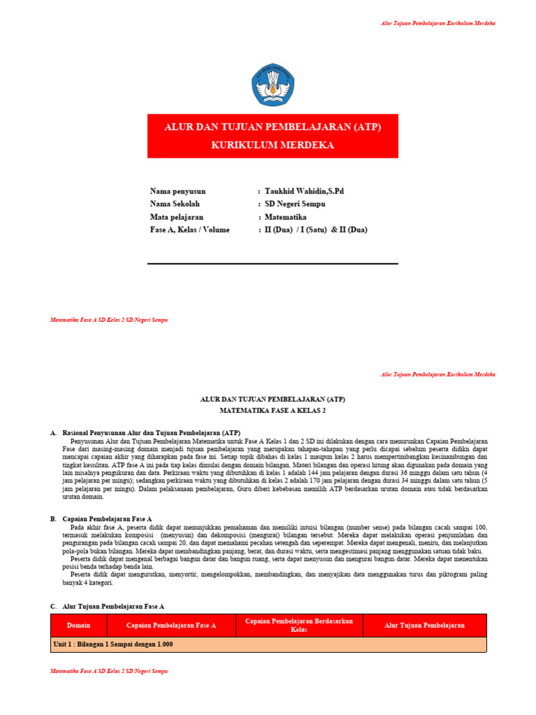Atp Matematika Kelas 2 | PDF