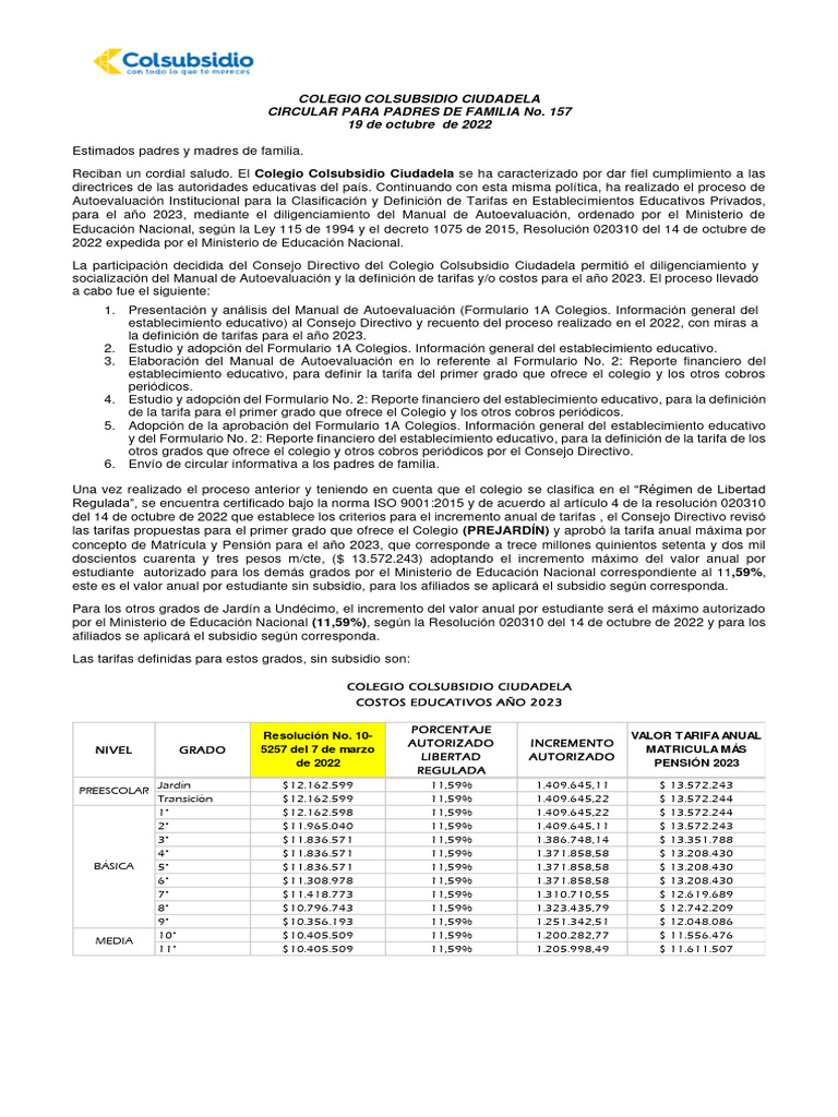 CIRCULAR No 157 DEFINICIÓN COSTOS EDUCATIVOS 2023 | PDF