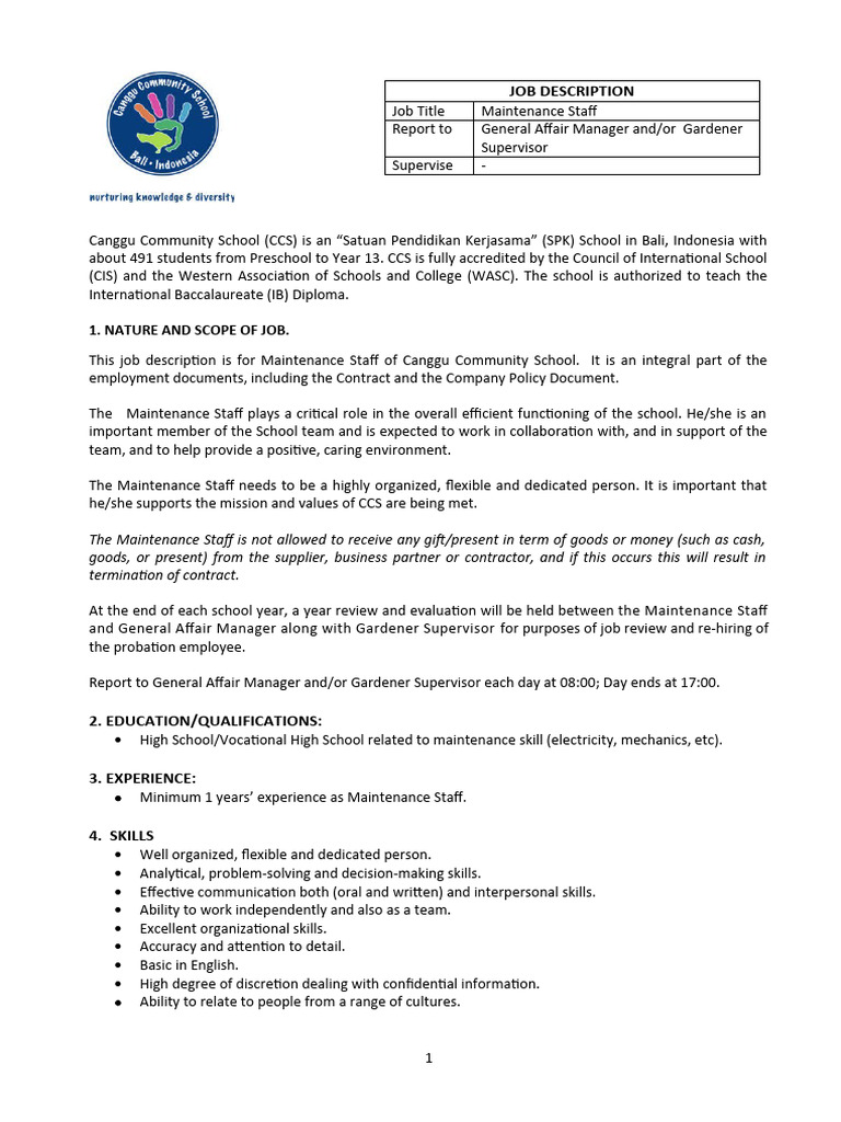 Canggu Community School Maintenance Staff Role | PDF | Employment ...