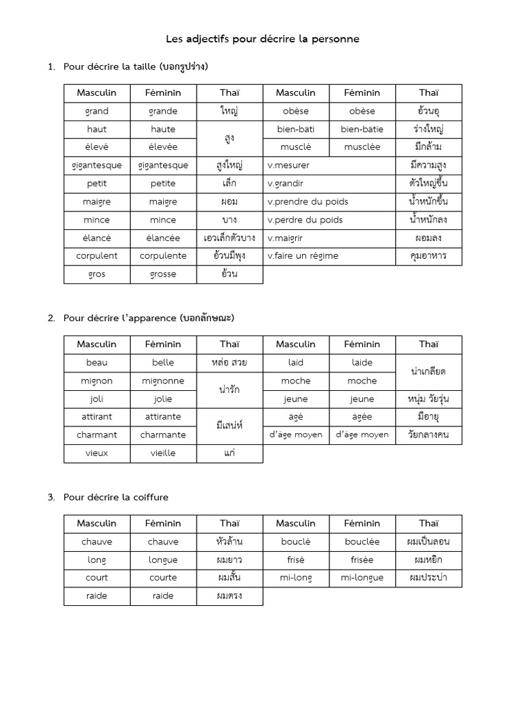 Les Adjectifs Pour Décrire La Personne | PDF