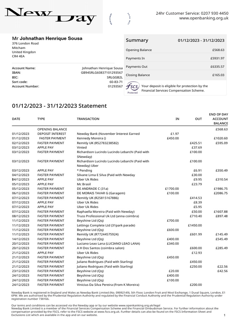StarlingStatement 2023-12 | PDF | Banking Technology | Economies