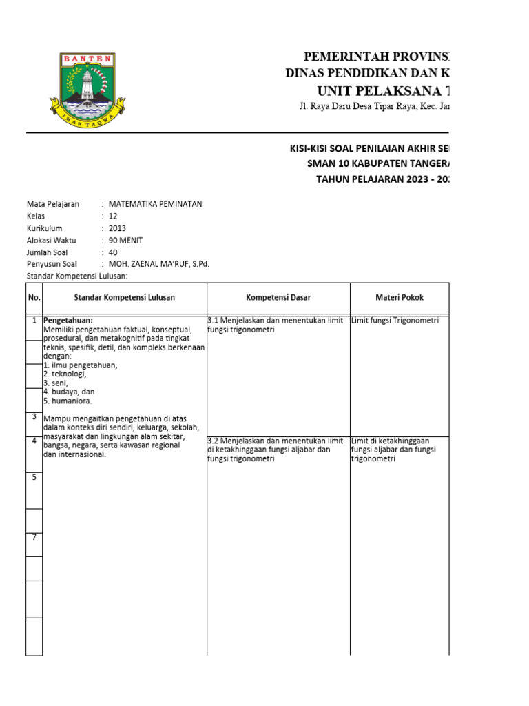Kisi-Kisi PAS MATEMATIKA P Kelas 12 TP 2023-2024-1 | PDF