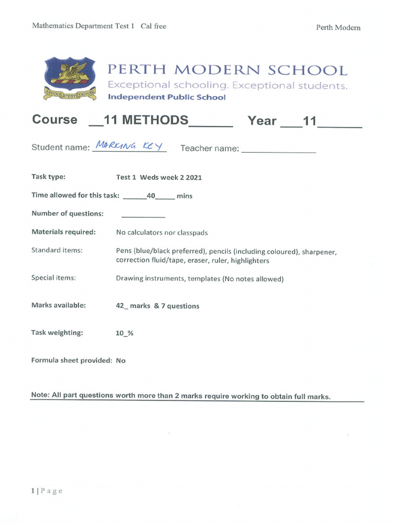11 Methods Test 1 2021 Marking Key | PDF