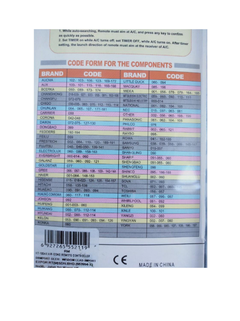 Codigos Aire Acondiicionado Universal | PDF