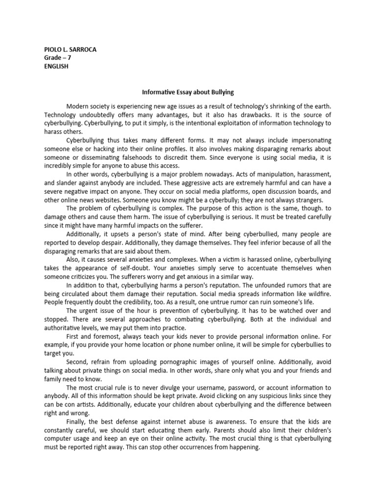Informative Essay About Bullying | PDF | Cyberbullying | Communication