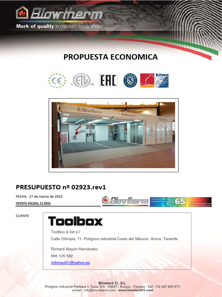 Cabina de Pintura Blowtherm World 7x4 | PDF | Presupuesto