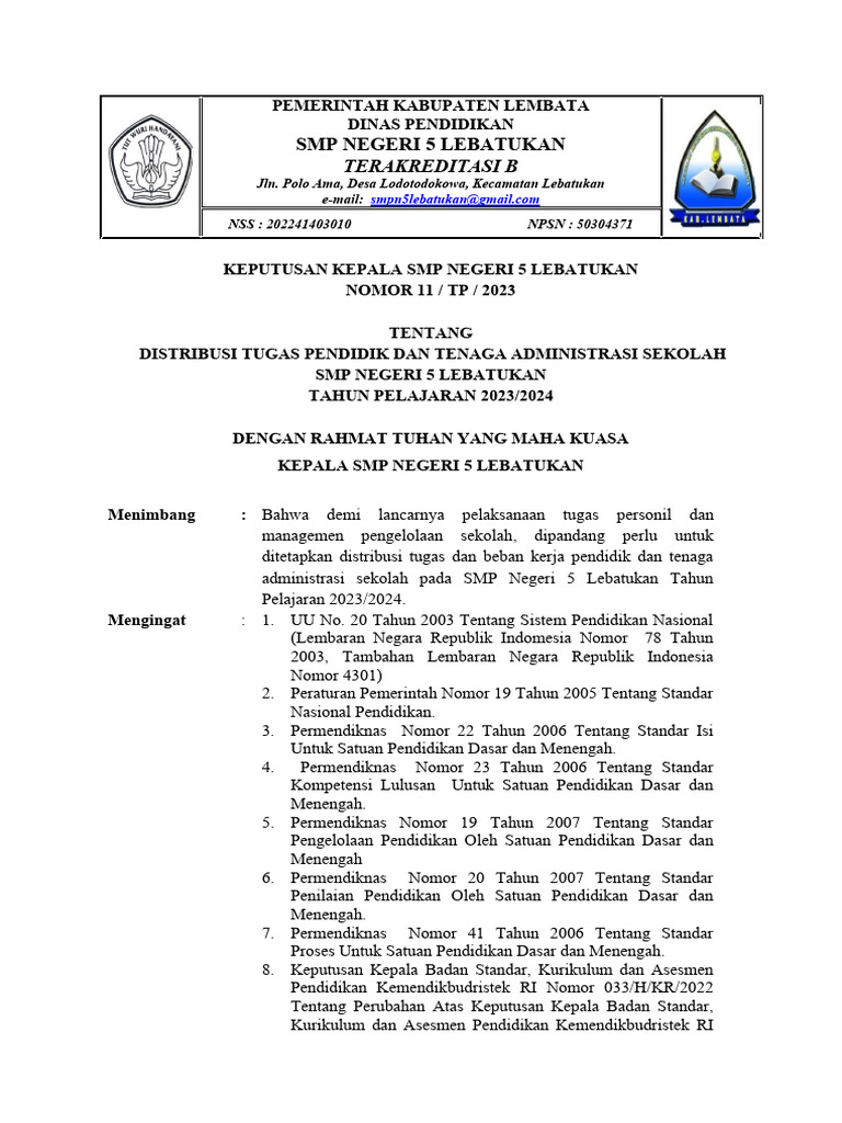 SK Bagi Tugas Tapel 2023 - 2024 | PDF
