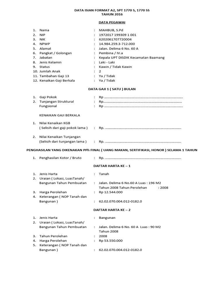 Data Isian Format SPT 2016 | PDF | Hukum