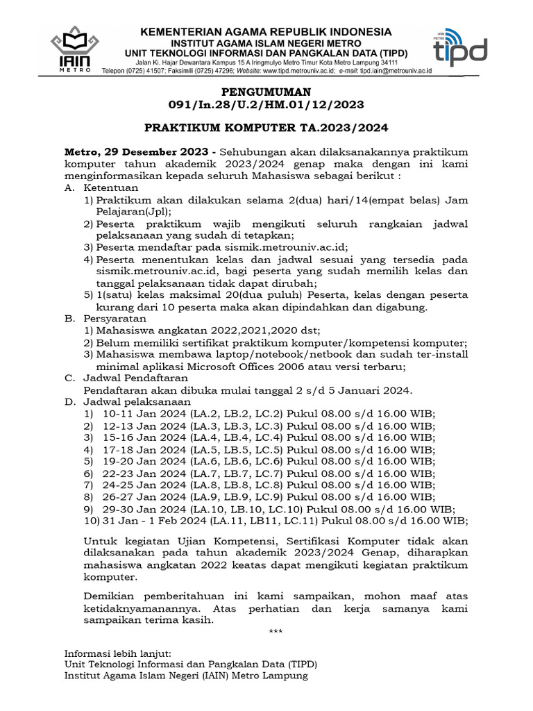 Pengumuman Praktikum Komputer 2024 | PDF | Sains & Matematika