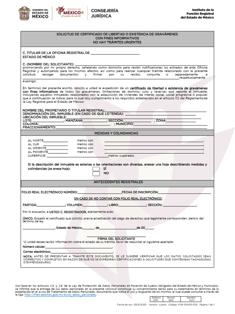 Solicitud De Certificado De Libertad O Existencia De GravÁmenes Con Fines Informativos 1 Pdf