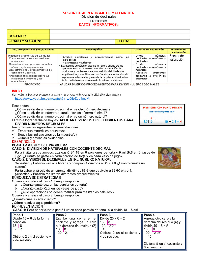 Sesión de Aprendizaje Matematica Division Con Decimales | PDF | División (Matemáticas) | Evaluación