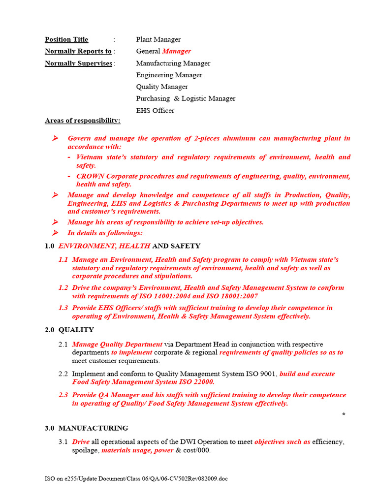 Job Description Plant Manager | PDF | Occupational Safety And Health | Logistics