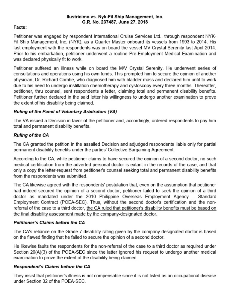Ilustricimo vs. Nyk-Fil Ship Management, Inc. | PDF