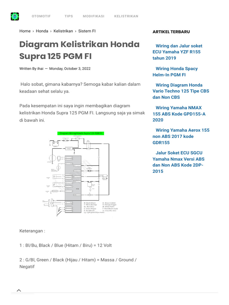 Diagram Kelistrikan Honda Supra 125 PGM FI - IhaiSP | PDF