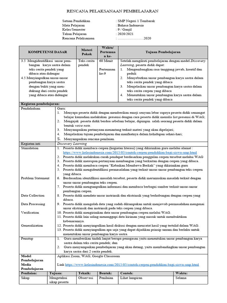 RPP KD 3.5 Dan 4.5 Teks Cerpen | PDF