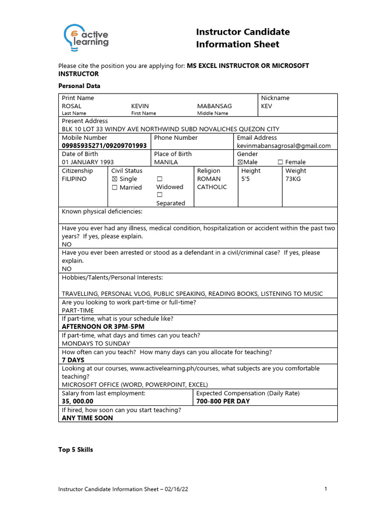 Candidate Information Sheet Instructor - (Updated 02-16-22) | PDF