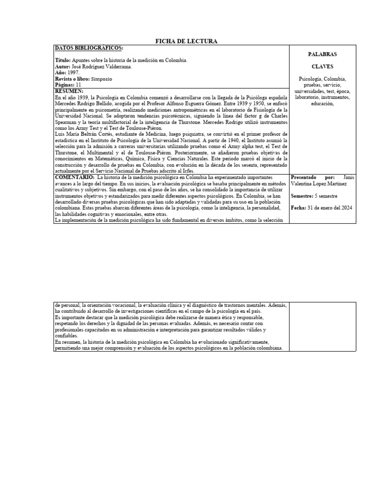 Modelo De Ficha De Lectura PDF Sicolog a Inteligencia