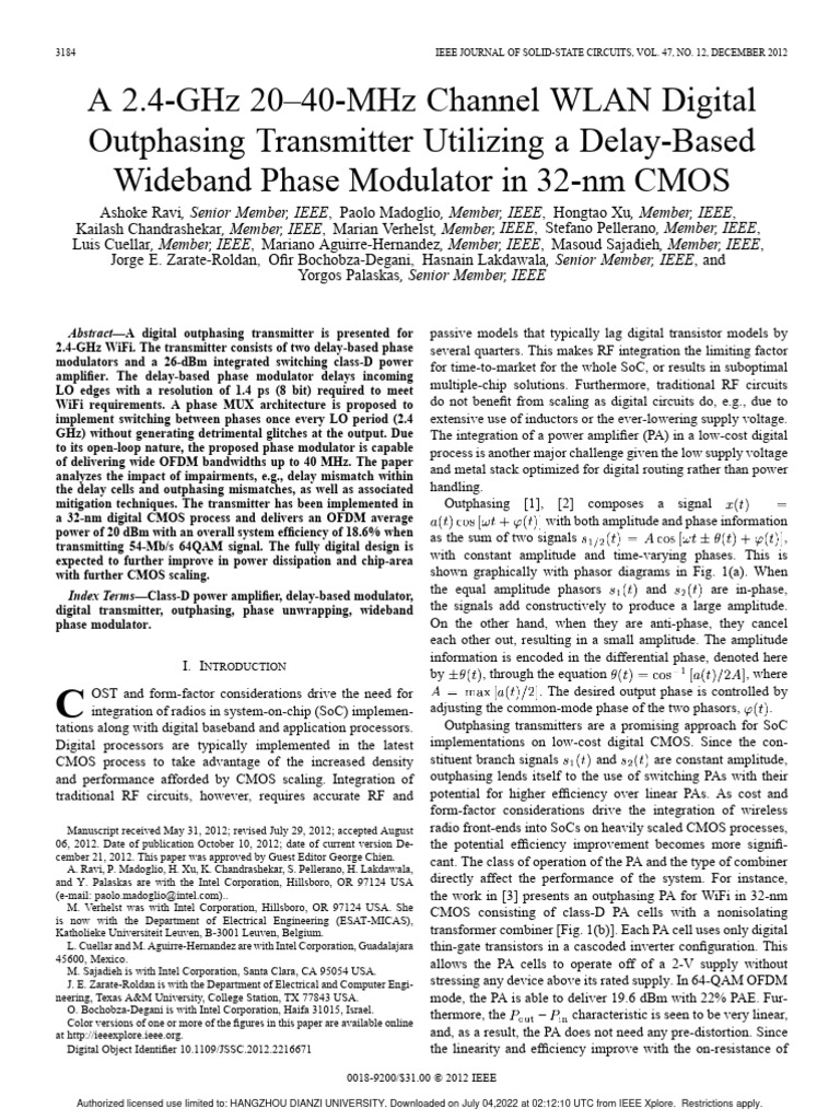 A 2.4-GHz 20-40-MHz Channel WLAN Digital Outphasing Transmitter Utilizing A Delay-Based Wideband ...