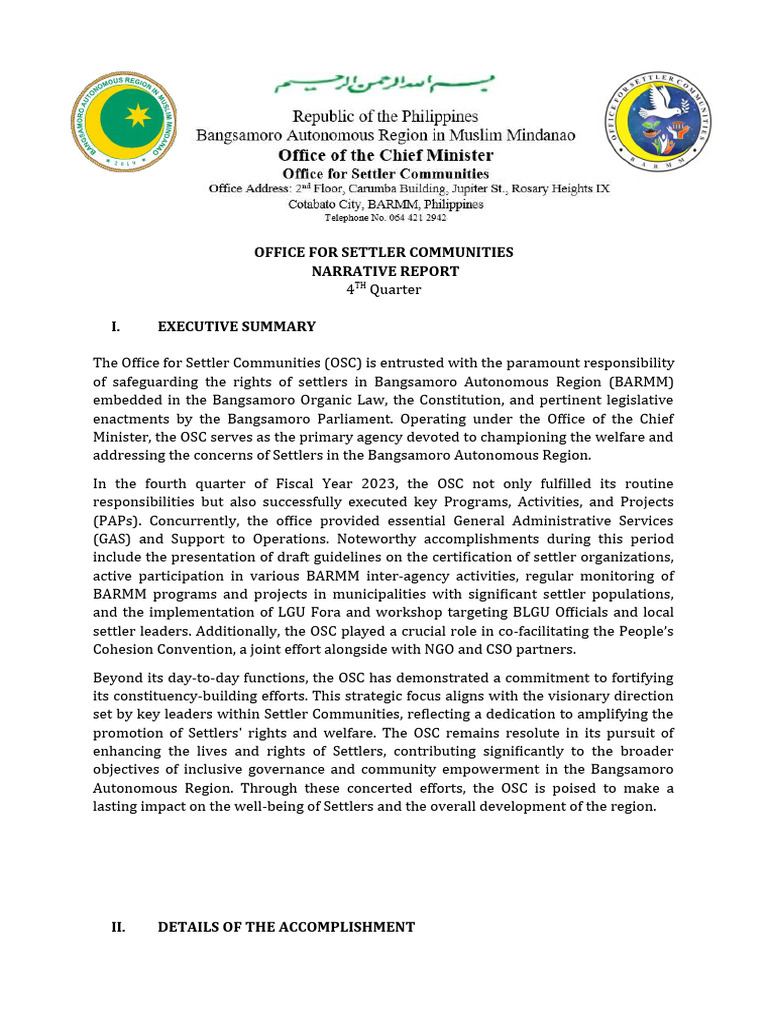 4th Quarter Narrative Report | PDF