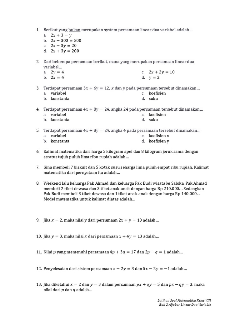 Bab 2 - Aljabar Linear Dua Variabel | PDF