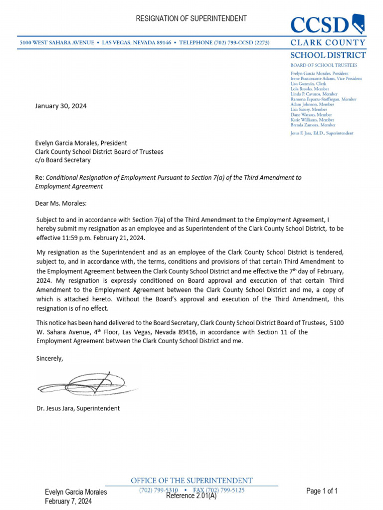 Resignation Letter of CCSD Superintendent Jara | PDF