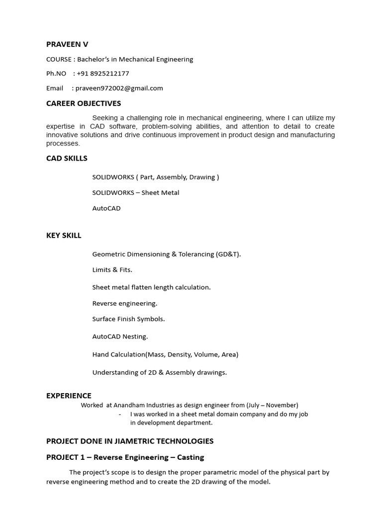 V Praveen Resume | PDF