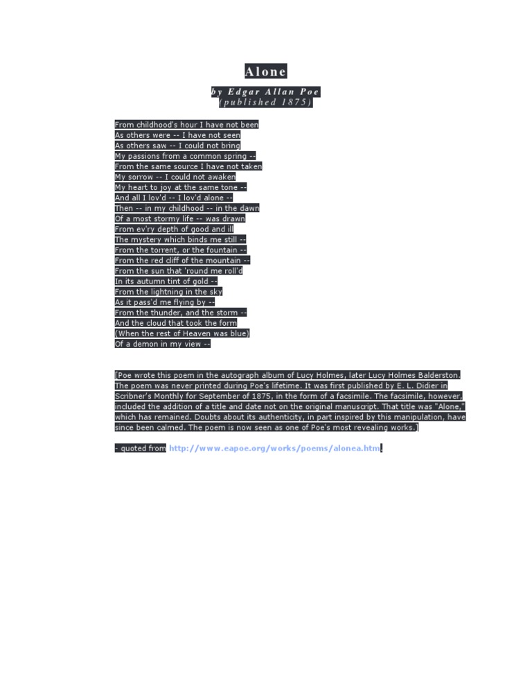 Edgar Allan Poe's Poem "Alone" Analysis | PDF | Poetry