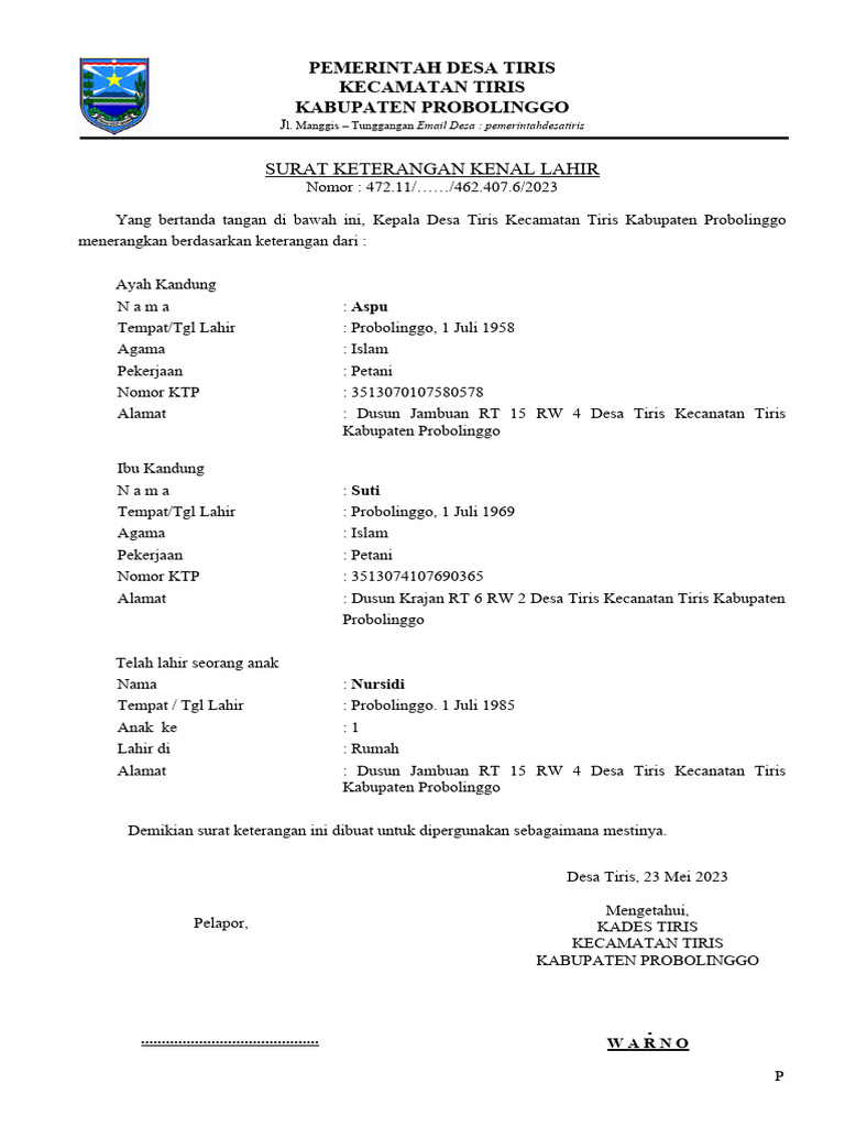 Surat Keterangan Kenal Lahir | PDF