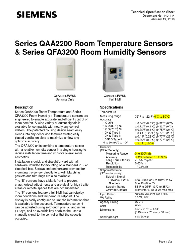 QFA32SS.EWSN - Room humidity and temperature sensor | PDF