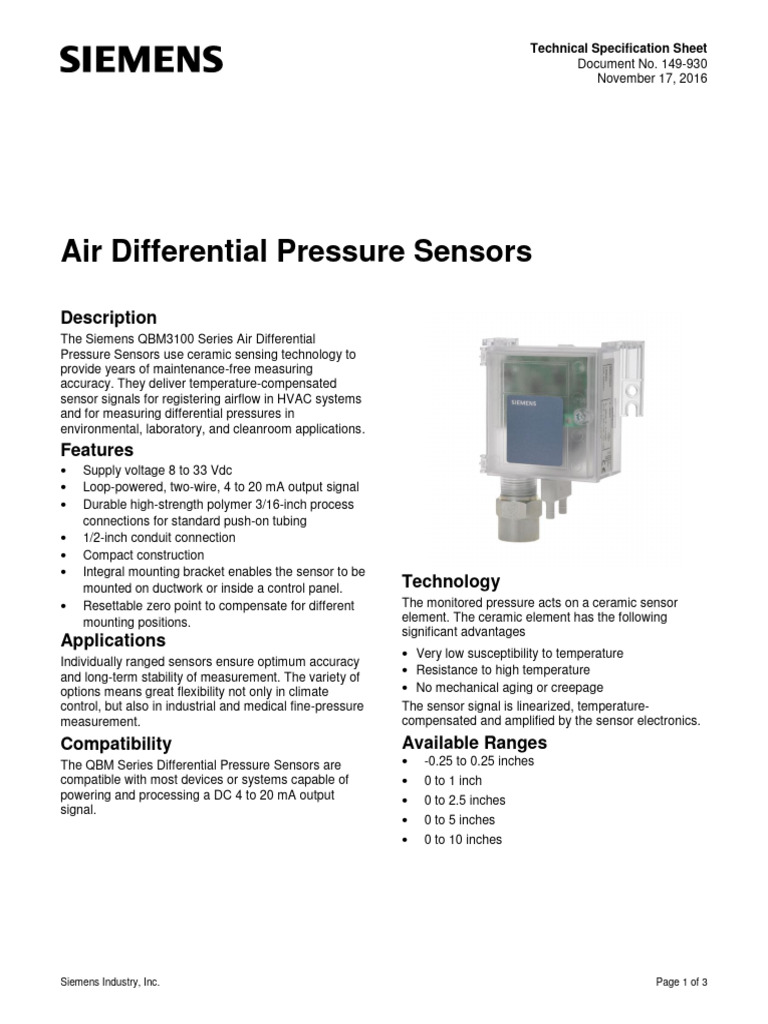 QBM3100U1 - Air Differential Pressure Sensor | PDF | Sensor | Pressure ...