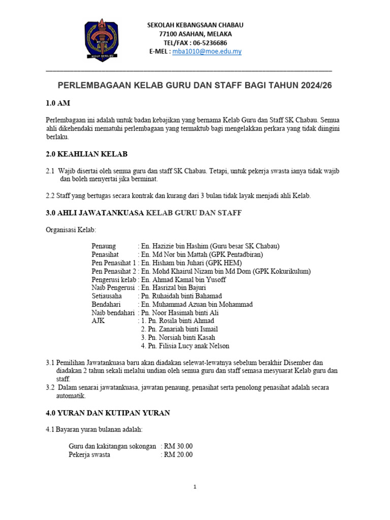 Perlembagaan Kelab Guru N Staff SK Chabau 2024-25 | PDF
