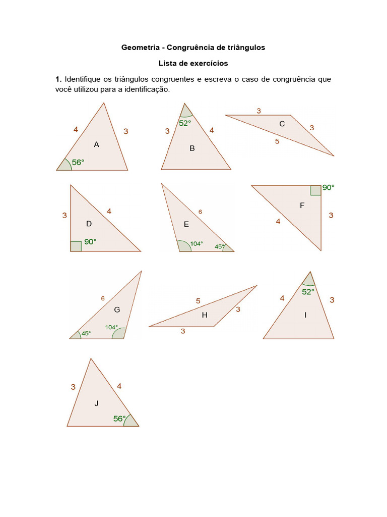 Exercícios-Congruência-de-Triângulos | PDF | Triângulo | Geometria Clássica