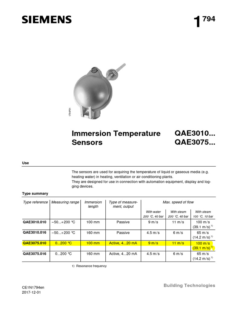 QAE3075.016 - Immersion Temperature Sensors - High Temperature | PDF ...