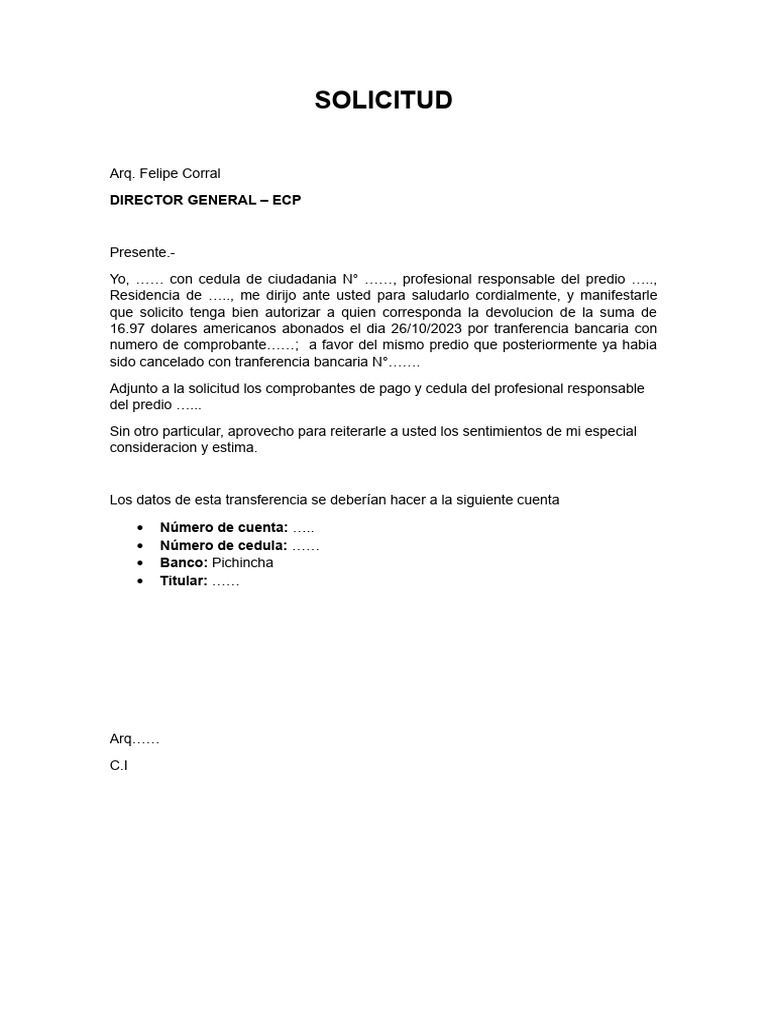 Solicitud Devolucion de Dinero | PDF