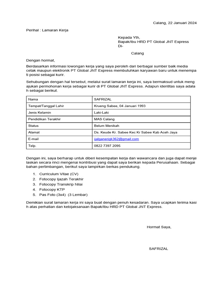 Surat Lamaran Kerja Kurir J&T | PDF