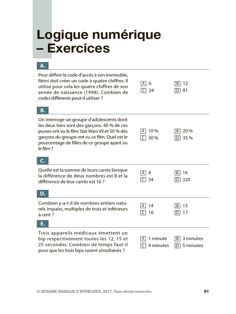Concours Sesame 2017 Logique Numerique Epreuve | PDF | Mathématiques élémentaires