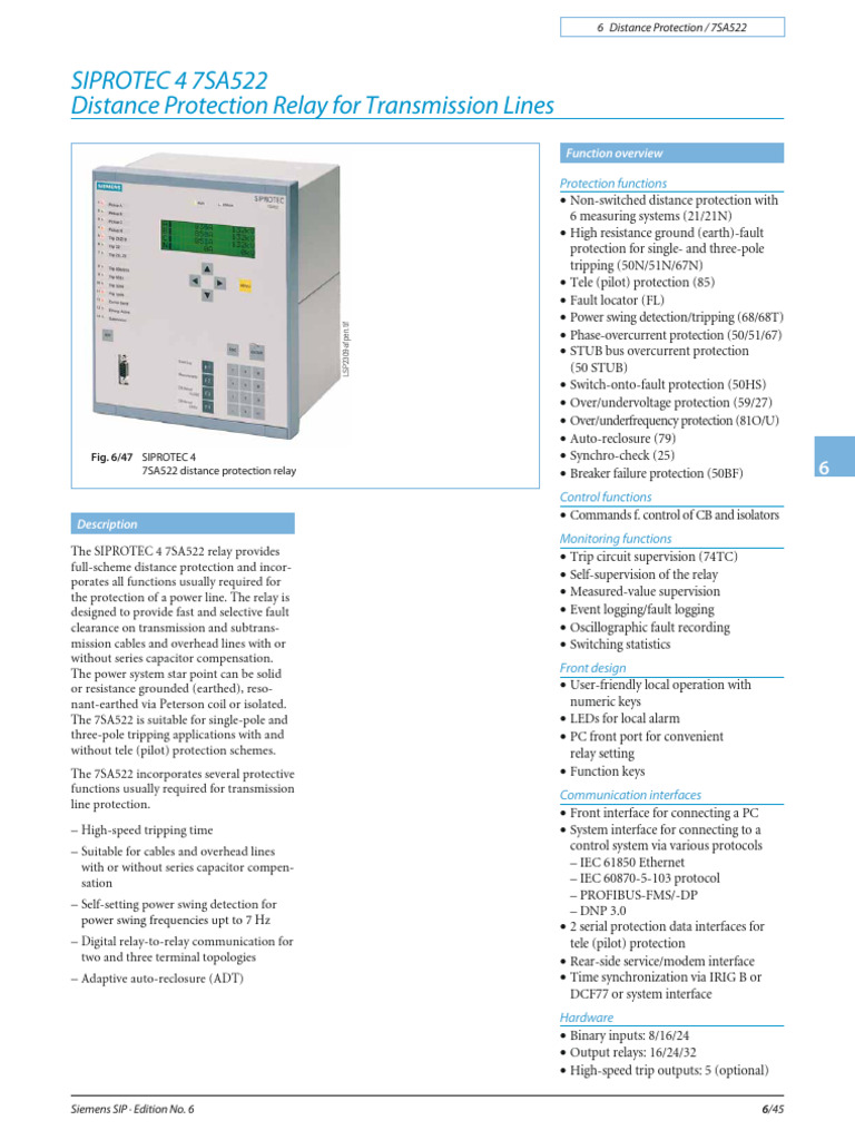 7SA522 Catalog SIP E6 | PDF | Relay | Electric Power Transmission