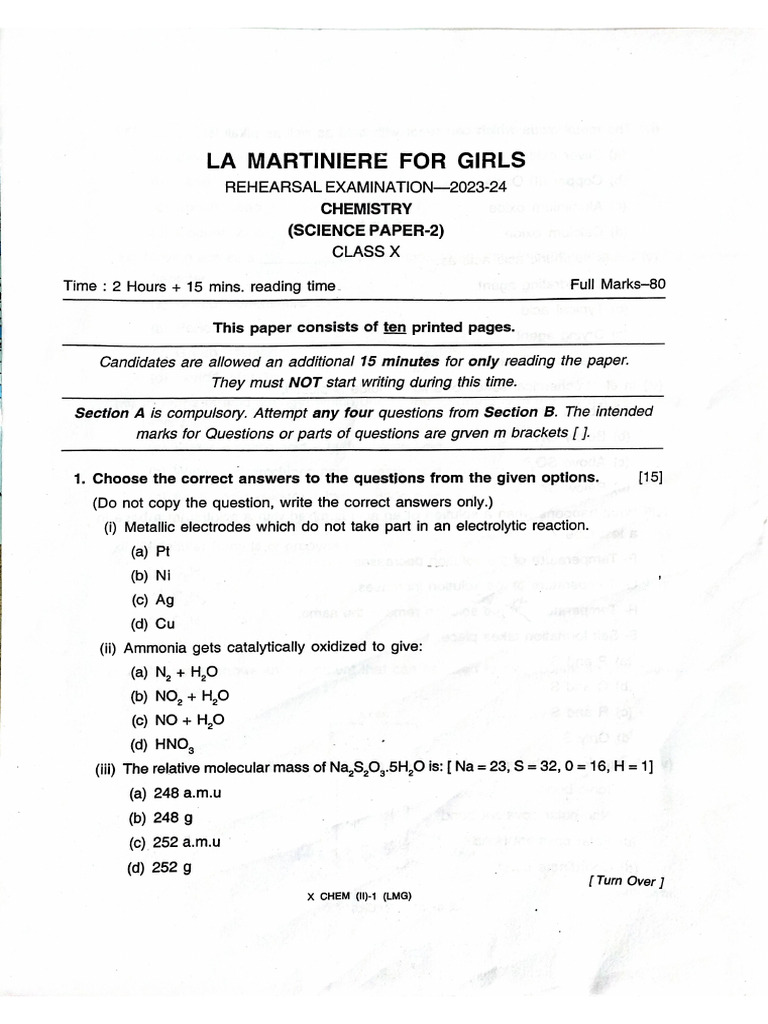 LMG Chemistry Rehearsal Paper 2024 | PDF