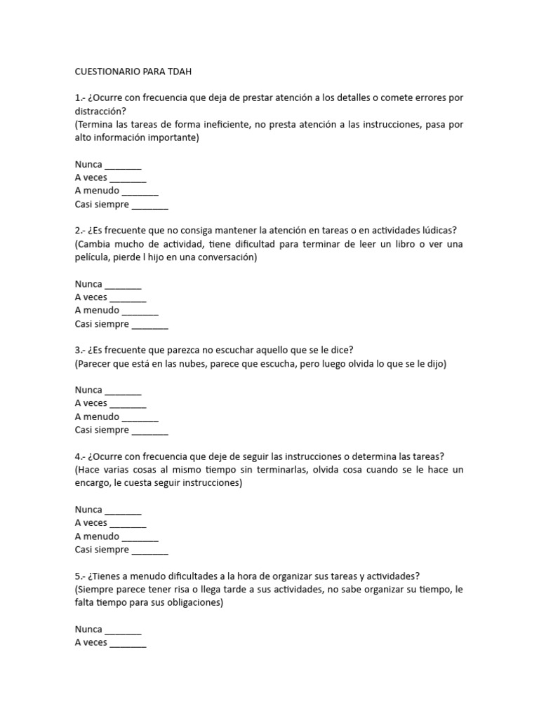 Cuestionario para Tdah | PDF